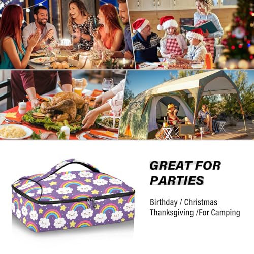 Kcldeci Insulated Thermal Food Carrier Insulated Casserole Carrier for Hot or Cold Food,Cute Cartoon Clouds Rainbows and Stars Insulated Tote Bag for Potluck Cookouts Parties Picnic,Lasagna Lugger