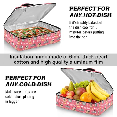 Kcldeci Insulated Thermal Food Carrier Insulated Casserole Carrier for Hot or Cold Food,Pug Dogs and Cats Insulated Tote Bag for Potluck Cookouts Parties Picnic,Lasagna Lugger