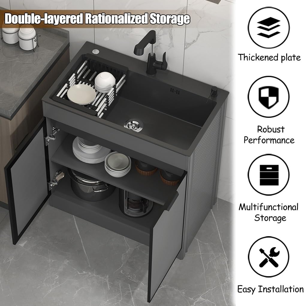 Commercial Kitchen Sink 304 Stainless Steel Utility Sink With Cabinet, Outdoor Free Standing Sink With Utility Faucet, Drain Basket ＆ Draining Rack, Portable Can Be Moved Independently