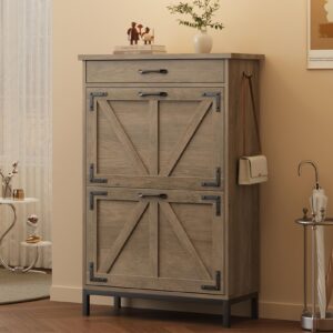 shoe cabinet storage for entryway hidden shoes storage cabinet farmhouse narrow shoe organizer cabinet with 2 flip drawers, free standing slim shoe cabinet for door entry, foyer, hallway, grey