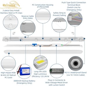 4FT Tri-Level Sensor LED Vapor Tight Emergency Light w/Remote, Battery Backup IP65 40W 5000lm Waterproof LED Outdoor Shop Light, 5000K, 100-277V, 0-10V Dimmable 4 Foot Carport Vapor Proof Fixture, FCC