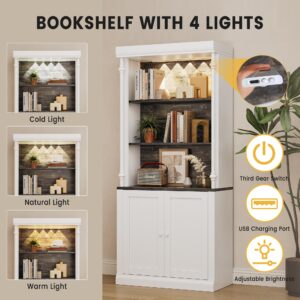 Perbyste Tall Bookcase with Doors & Storage Cabinet, 5-Tier Bookshelf with Adjustable Lights/Storage Shelves, Roman Column Design, Floor Standing Storage Organizer for Home/Office/Living Room/Bedroom