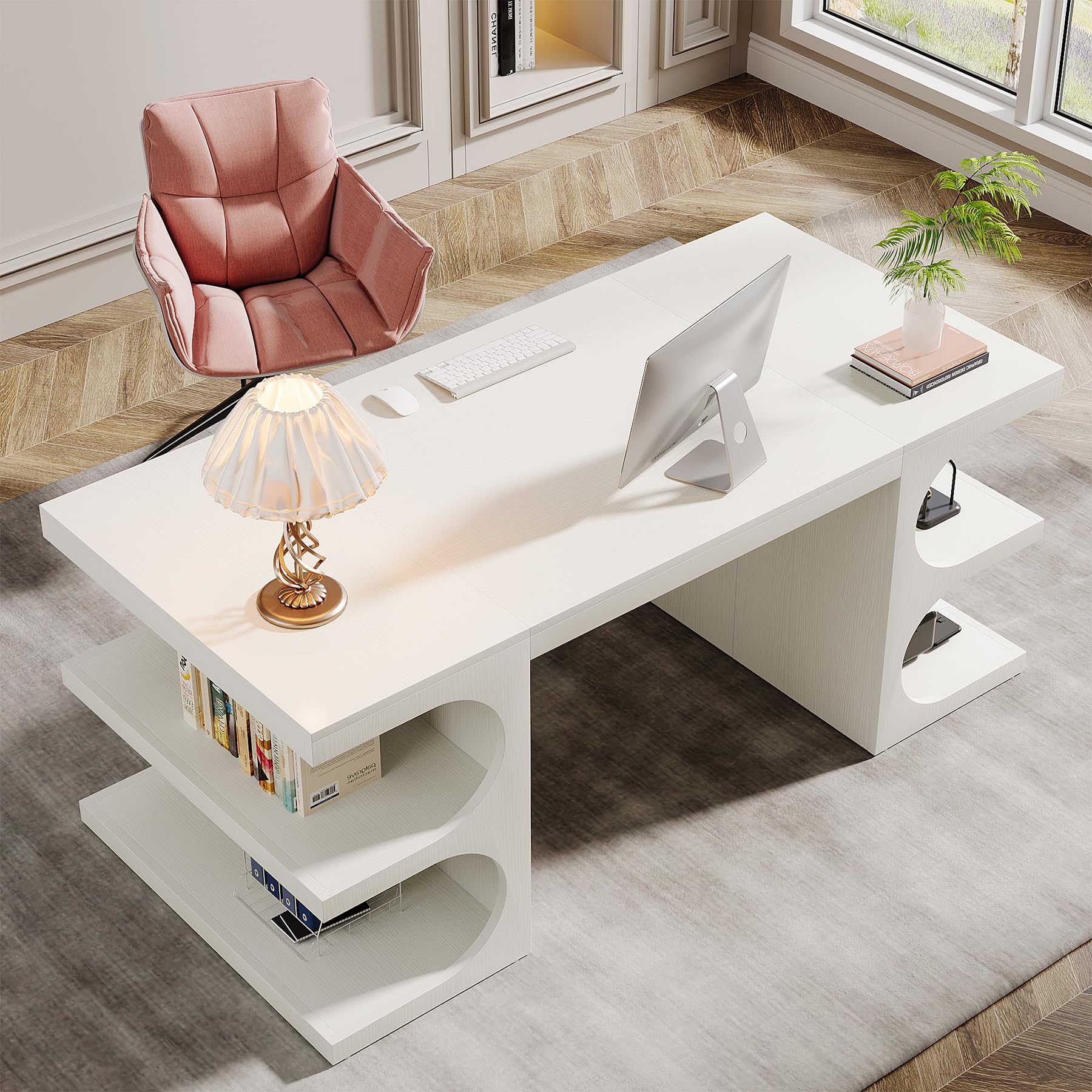 Tribesigns 62" Executive Office Desk, Large Computer Desk with Storage Shelves, Modern Wood Writing Desk Study Table, Workstation Desk Business Furniture for Home Office, White