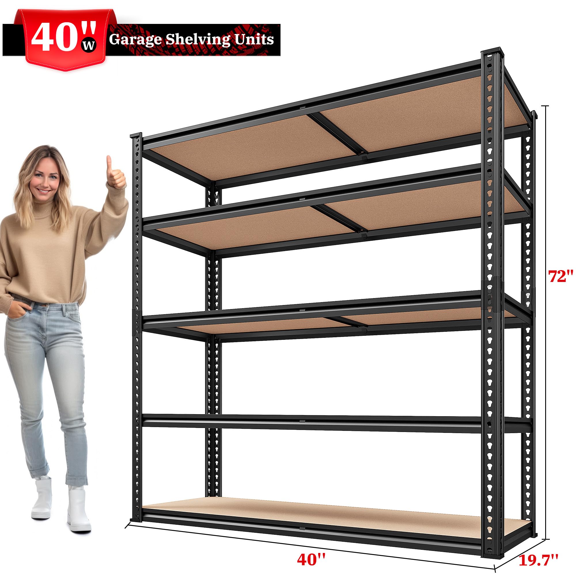 REIBII 72''H Garage Shelving 2500LBS Storage Shelves Heavy Duty Shelving 5 Tier Metal Shelves for Garage Shelves Adjustable Shelving Units and Storage for Closet Pantry Shelf, 72" H x 40" W x 19.7" D