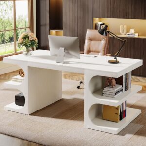 tribesigns 62" executive office desk, large computer desk with storage shelves, modern wood writing desk study table, workstation desk business furniture for home office, white