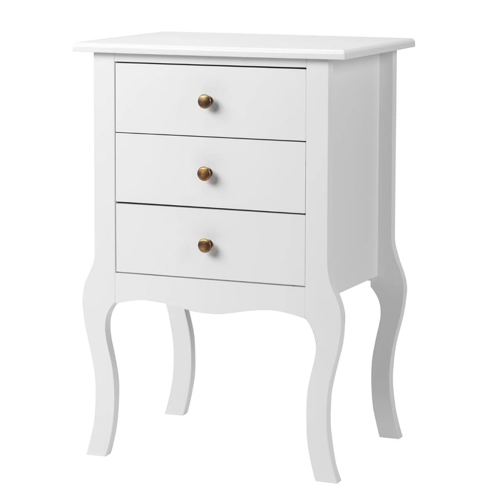 IKGH Night Stand, Retro Bedside Cabinet with 3 Large Storage Drawers and Solid Wood Curved Legs Living Room Bedroom Furniture,White