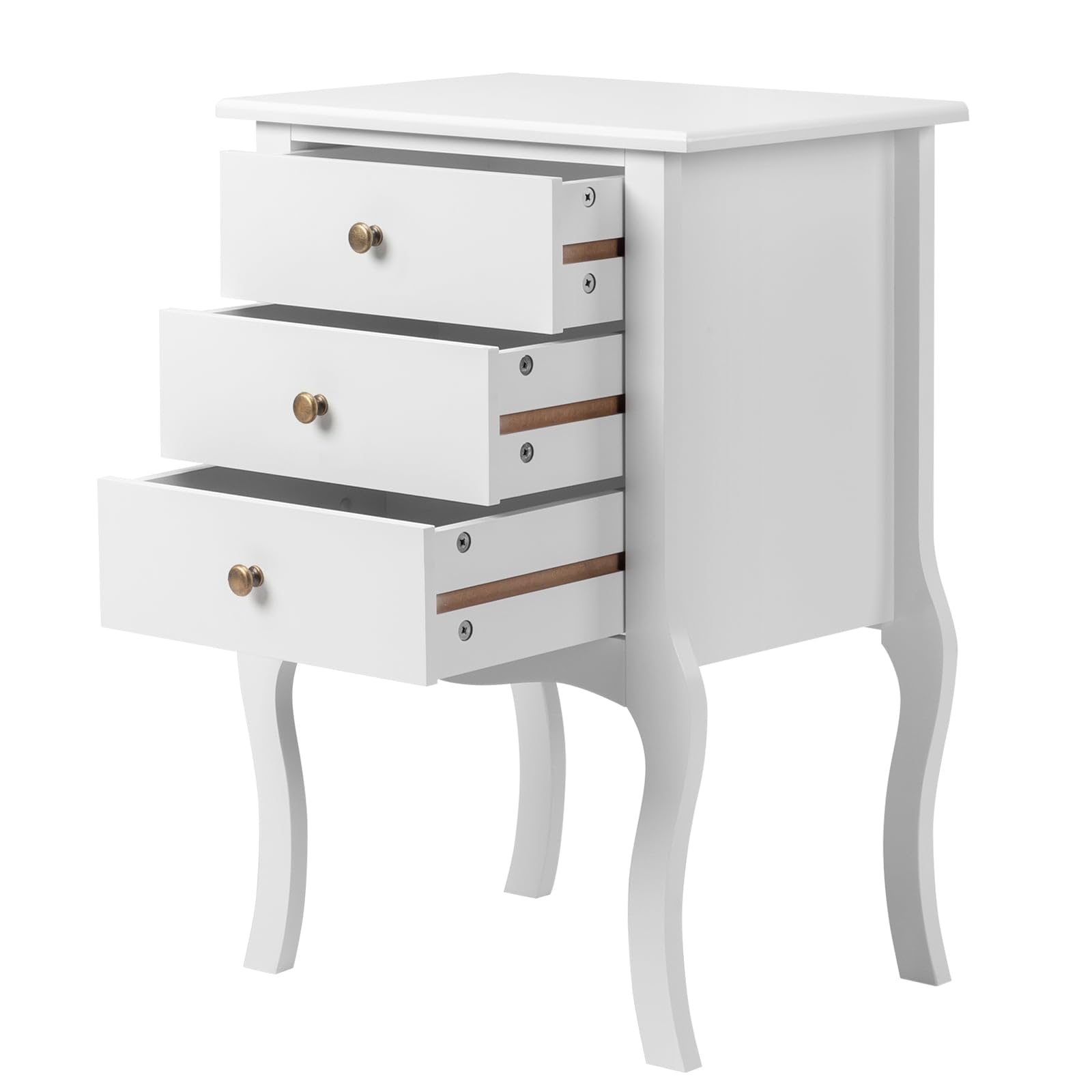 IKGH Night Stand, Retro Bedside Cabinet with 3 Large Storage Drawers and Solid Wood Curved Legs Living Room Bedroom Furniture,White