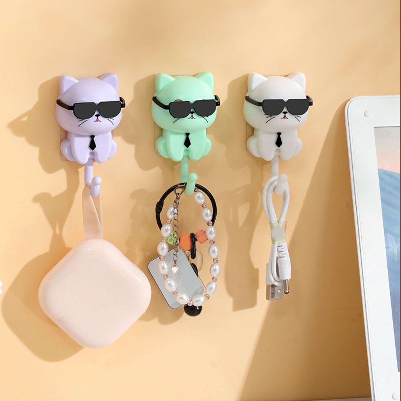 Cool Cat Key Holder, Cat Key Holder, Cute Key Holder for Wall, Cute Cat Key Hook, Cat Key Holder Wall Mount,Cute Sunglasses Cat Adhesive Coat Hooks for Hanging Key, Bag, Hat, Towel (2PCS-D)