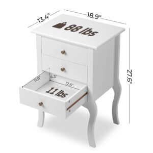 IKGH Night Stand, Retro Bedside Cabinet with 3 Large Storage Drawers and Solid Wood Curved Legs Living Room Bedroom Furniture,White