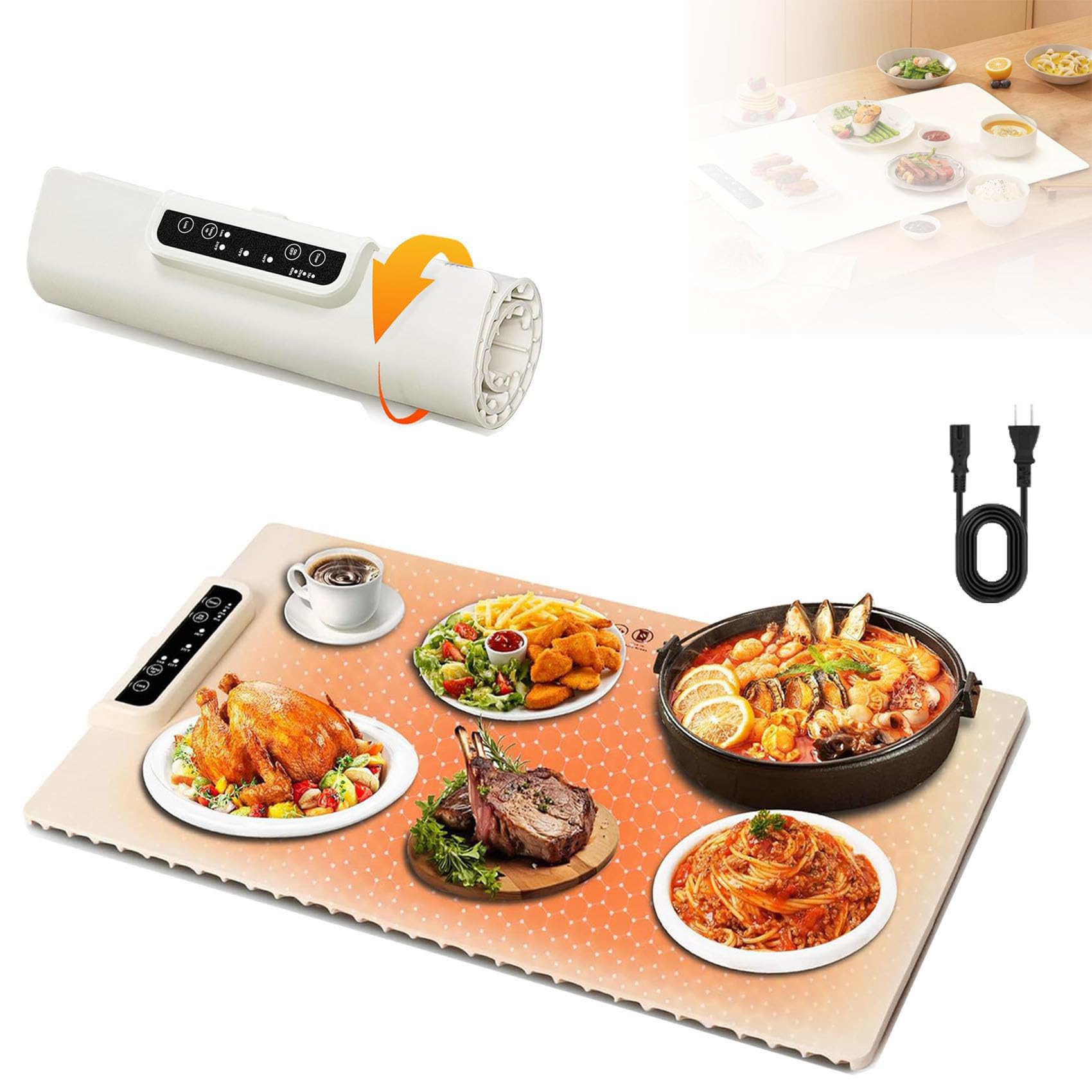 Tempmaster Adjustable Warming Tray, Roll up Heating Tray for Food Electric Warming Tray with Adjustable Temperature, Heating Tray with Nano Coating Silicone Heating Mat for Food, Daily Use (White, 1)