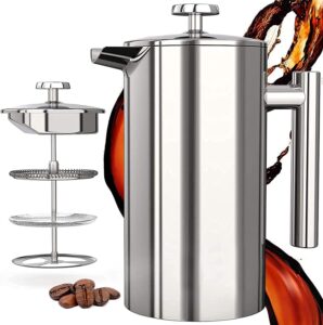 french press coffee maker,espresso and tea maker with triple filters,stainless steel 304 with double-wall insulated coffee presser and tea pot