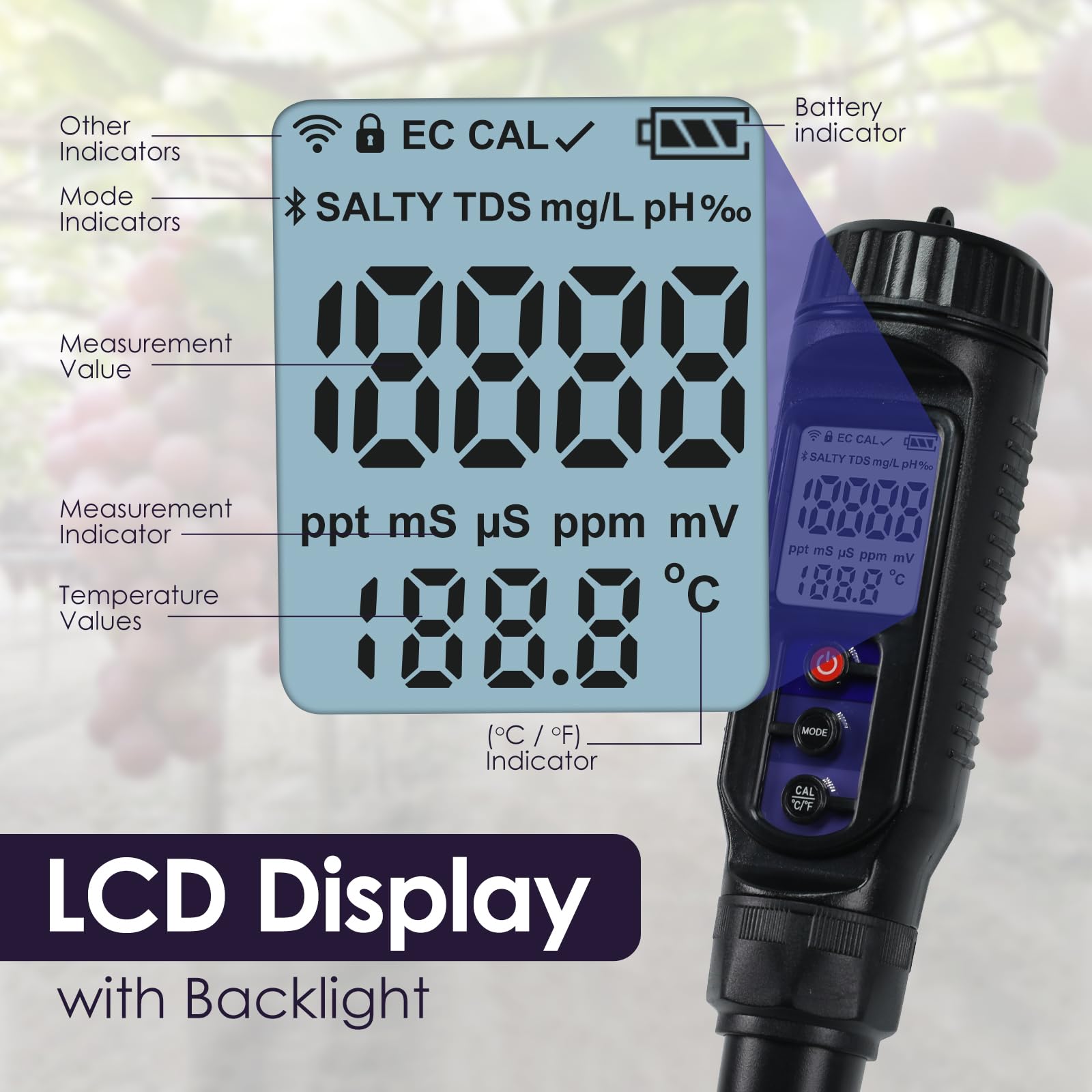 3-in-1 Digital pH | EC | Temperature Tester, Food pH Meter with Corded Sensor IP65 Probe, High Precision pH EC Tester with ATC for Water, Food, Meat, Fermentation, Solid Samples and Soft Soil