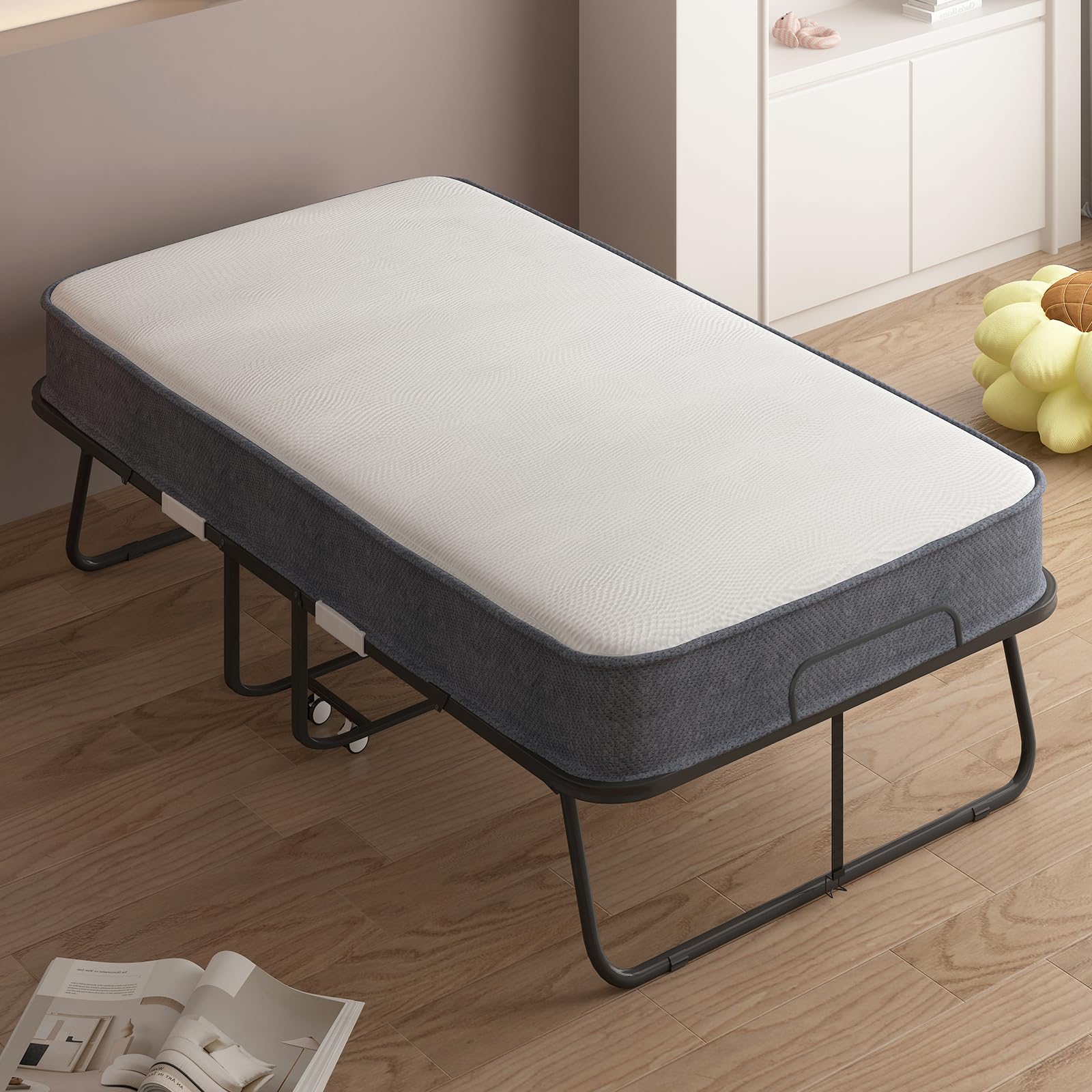 CECER Twin Size Folding Bed with 5 Inch Foam Mattress, 75" x 51" Rollaway Bed, Space-Saving Guest Bed, Portable Foldable Extra Bed for Adults with Sturdy Metal Frame, Easy Moving