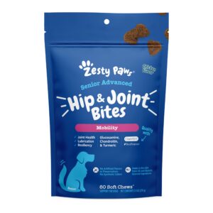 zesty paws mobility bites joint supplement for dogs - hip and joint chews for dogs - glucosamine for dogs, chondroitin, & msm + vitamins c and e for dog joint relief - adv chicken - 60 count