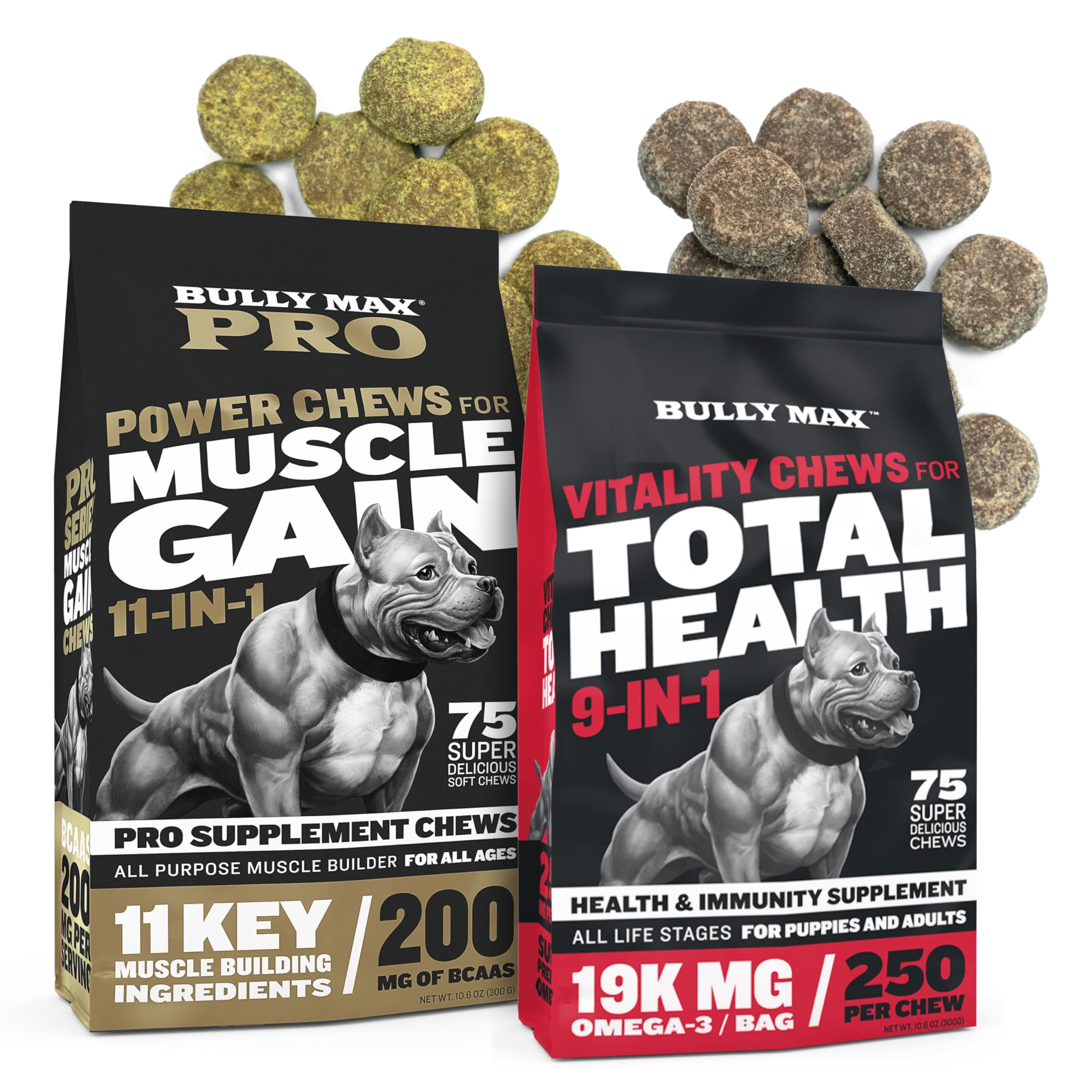 Bully Max 11-in-1 Muscle Gain Power Chews & 9-in-1 Total Health Chews - High Protein Muscle Builder & Multivitamin Soft Chews for Puppies & Adult Dogs - Support for Muscle, Immunity, Overall Health