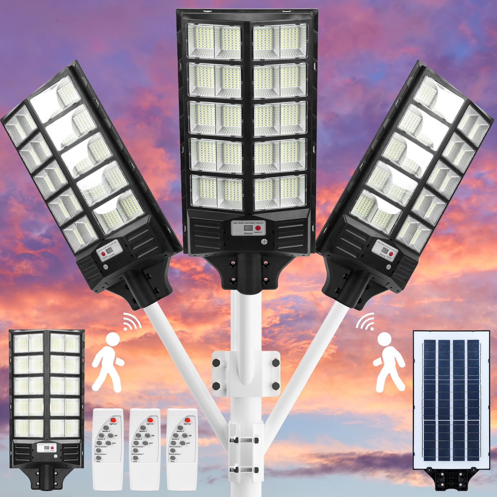 pofluany 3 Pcs Solar Parking Lot Light Dusk to Dawn Solar Street Lights Solar Powered, IP67 Waterproof Solar Wide Angle Lamp Solar Flood Lights with Motion Sensor for Yard, Road Black