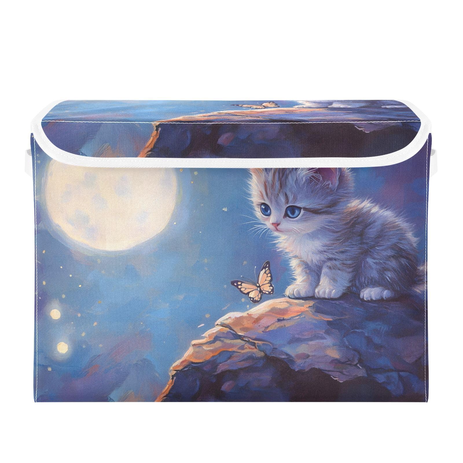 AIXIWAWA Storage Cube with Lid (Night Cute Cat), Fabric Foldable Closet Bins with Flip Lid and Handles, Organizer Basket Container 16.5 x 12.6 x 11.8 IN