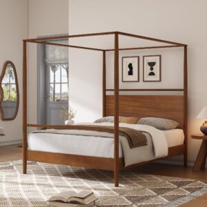 merax wood canopy bed frame king size, four posters bed/squeak resistant/no box spring needed, walnut