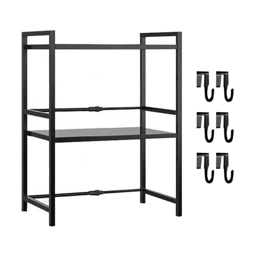 EPIPHQNY Kitchen Counter Microwave Oven Stand Expandable Shelf with Hooks Robust Carbon Steel Pots and Pans Storage Solution