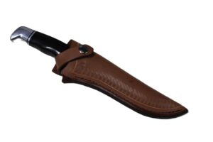 carl thomas leathers. custom leather knife sheath made to fits buck 119 knife, fixed blade knife holder, light brown, sheath only