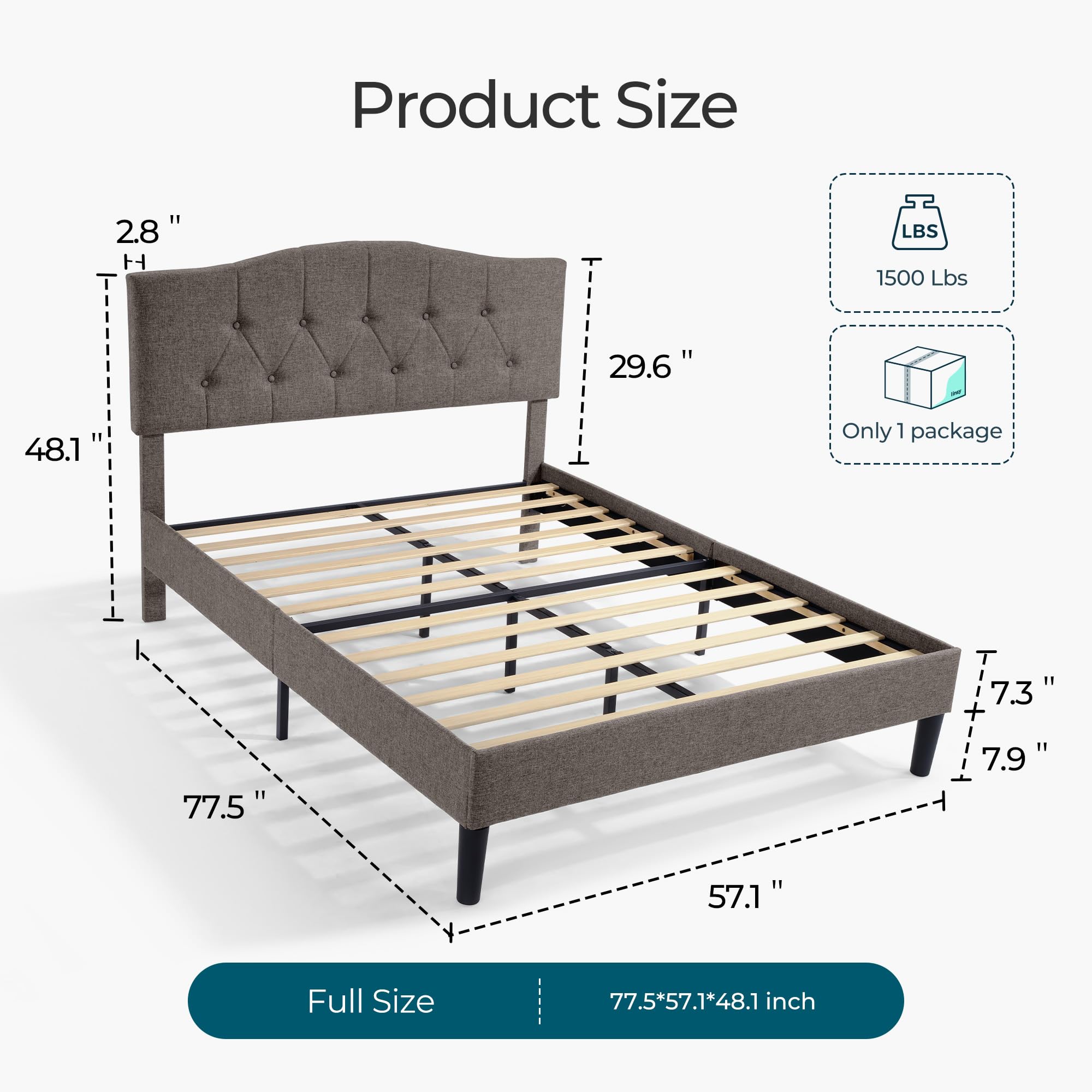 LINSY Full Size Bed Frame, Linen Upholstered Platform Bed Frame with Adjustable Headboard & Solid Wood Slat Support, Heavy Duty Platform Bed Full, NO Box Spring Needed, Noise-Free, Dark Grey