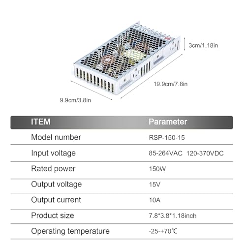 TorqCali RSP-150-15 150W Single Output Power Supply 15V 10A Constant Current with PFC Function, Enclosed Type for Industrial Control, Automation, Test and Measurement Equipment