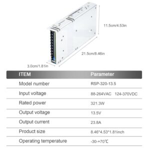 TorqCali RSP-320-13.5 320W Single Output Power Supply 13.5V 23.7A Constant Current with PFC, 88-264VAC Input, for Industrial Automation and Test Systems