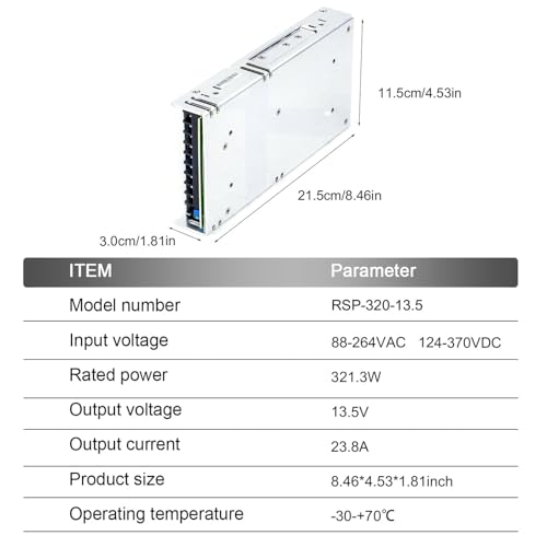 TorqCali RSP-320-13.5 320W Single Output Power Supply 13.5V 23.7A Constant Current with PFC, 88-264VAC Input, for Industrial Automation and Test Systems