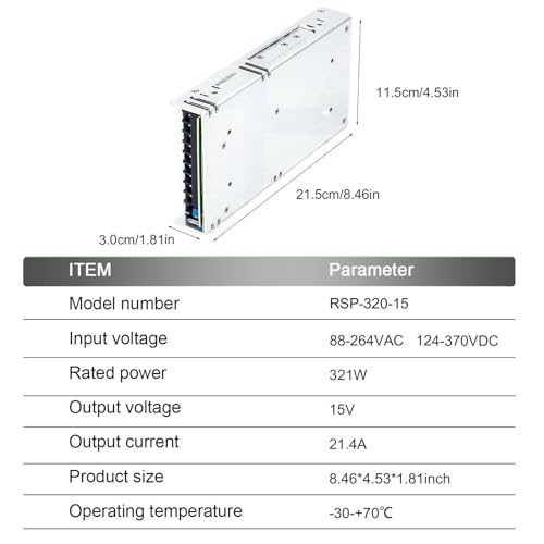 TorqCali RSP-320-15 320W Single Output Power Supply 15V 21.3A Constant Current with PFC, 88-264VAC Input, for Industrial Automation, Test Systems, and Battery Charging