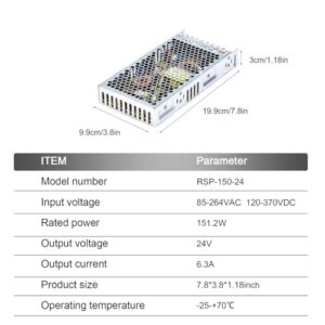 TorqCali RSP-150-24 150W Single Output Power Supply 24V 6.3A Constant Current with PFC Function, Enclosed Type for Industrial Control, Automation, and Telecom Applications