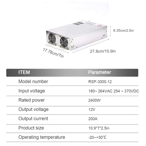 TorqCali RSP-3000-12 3000W Single Output Power Supply 12V 200A Constant Current with PFC, 180-264VAC Input, for Industrial Equipment and Automation Systems