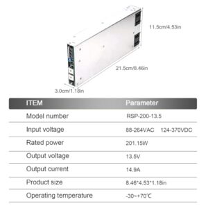 TorqCali RSP-200-13.5 200W Single Output Power Supply 13.5V 14.8A Constant Current with PFC, Enclosed Type for Industrial Automation, Telecom, and Battery Charging Applications