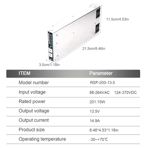 TorqCali RSP-200-13.5 200W Single Output Power Supply 13.5V 14.8A Constant Current with PFC, Enclosed Type for Industrial Automation, Telecom, and Battery Charging Applications