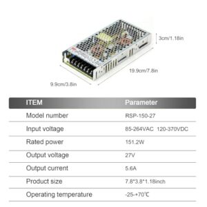 TorqCali RSP-150-27 150W Single Output Power Supply 27V 5.6A Constant Current with PFC, Enclosed Type for Industrial Automation, Robotics, and Test Equipment