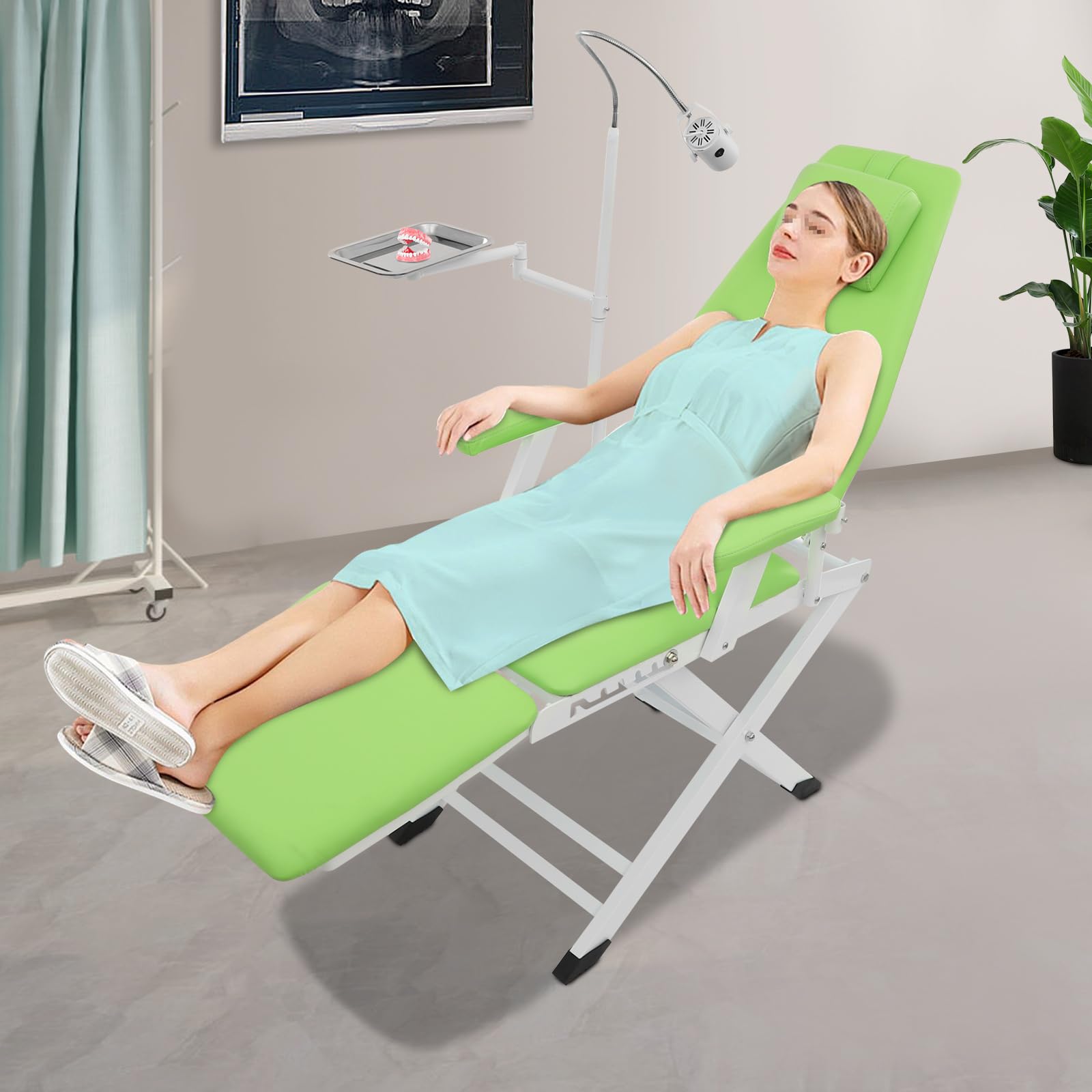 KUMOYOU Portable & Foldable Mobile Den tal Patient Chair, Folding Freestanding Den tal Bed with 360° Rotating LED Light and Tray, Ideal for Clinics and Hospitals