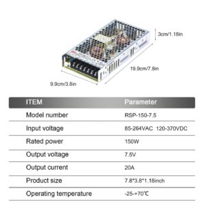 TorqCali RSP-150-7.5 150W Single Output Power Supply 7.5V 20A Constant Current with PFC, Enclosed Type for Industrial Control Systems, Robotics, and LED Lighting