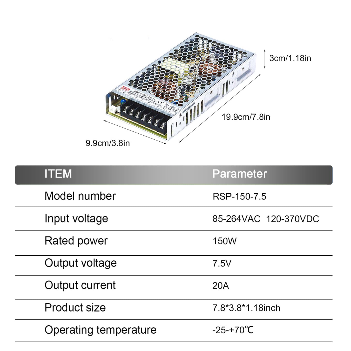 TorqCali RSP-150-7.5 150W Single Output Power Supply 7.5V 20A Constant Current with PFC, Enclosed Type for Industrial Control Systems, Robotics, and LED Lighting