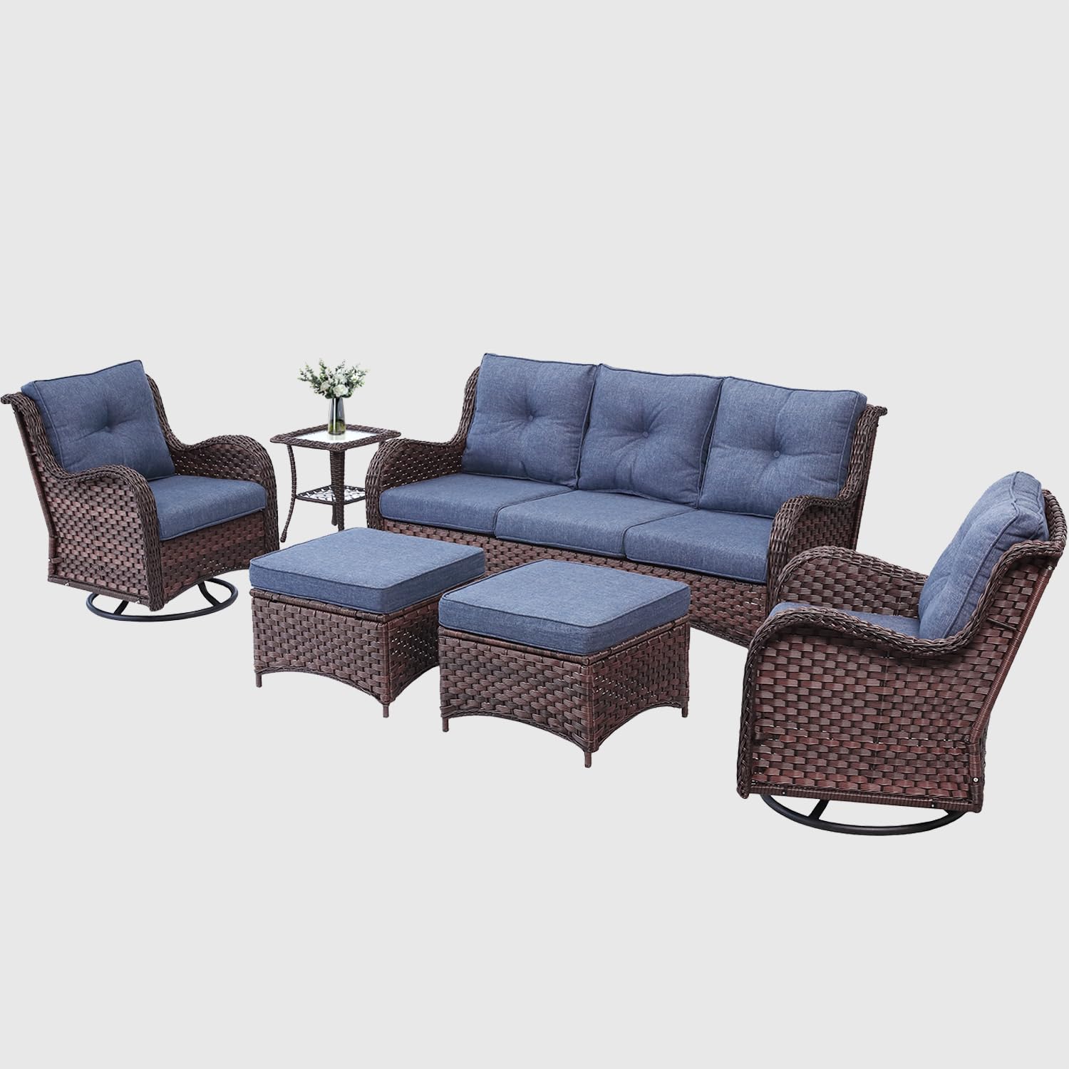 Outdoor Furniture Set, 6 Pieces Rattan Wicker Swivel Chair Coversation Set with Ottomans