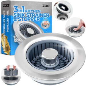 Upgraded 3in1 Kitchen Sink Drain Strainer & Sink Stopper, Bathtub Drain Hair Catcher, Silicone Collapsible 1 Pack Drain Protector