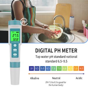 PH Meter TDS Meter 8 in 1 Digital Water Tester Pool Salt Tester Salinity, PH, TDS, EC, ORP, H2 and TDS Meter, PH Meter for Water with LCD Backlit Testing Kits for Swimming Pool,Saltwater, Sea Water