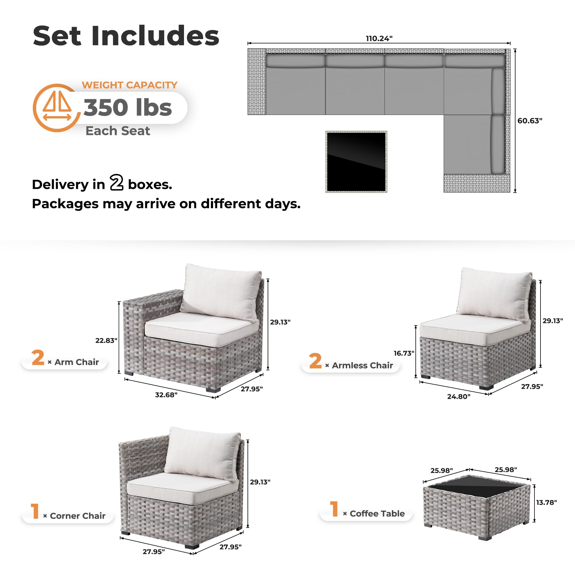 ovios 6 Pieces Patio Furniture Set Outdoor Sectional Sofa Couch with Comfy Cushions and Deep Seat, Modern Modular Wicker Rattan Conversation Set, Beige