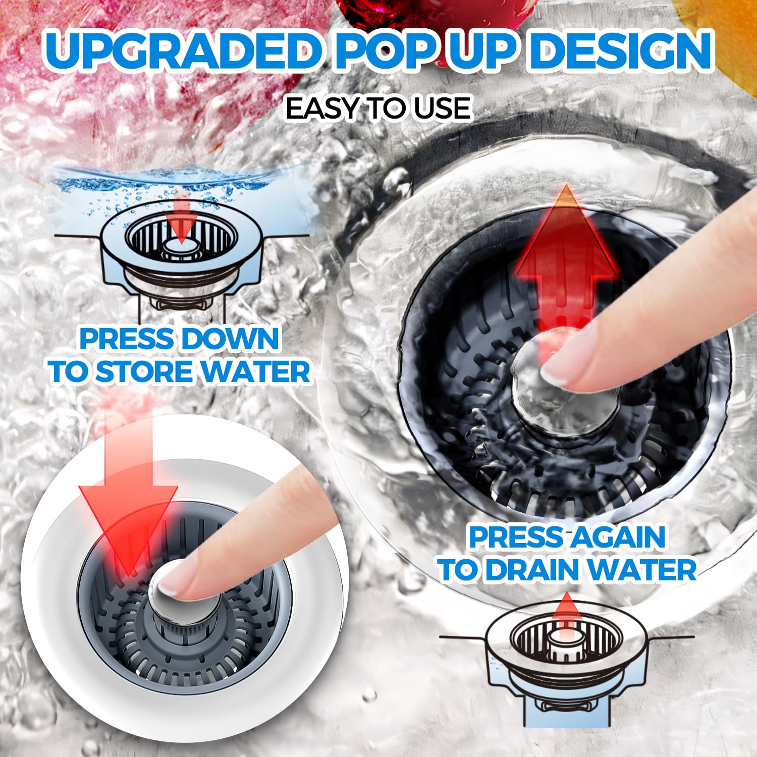 Upgraded 3in1 Kitchen Sink Drain Strainer & Sink Stopper, Bathtub Drain Hair Catcher, Silicone Collapsible 1 Pack Drain Protector