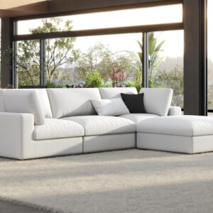 PaPaJet Modular Sectional Sofa, 114 Inches Oversized Down Filled Sectional Sofa, 4 Seats L Shaped Comfy Couch with Chaise, Ottoman, Could Sofa for Living Room, White Linen Couch Set