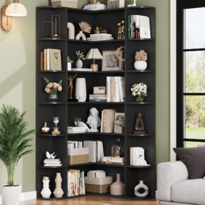 fotosok 74” tall corner bookshelf, 6-tier bookshelf and bookcase with open storage, l shaped tall bookcases wooden storage shelves for home office, thickened boards for better load bearing, black