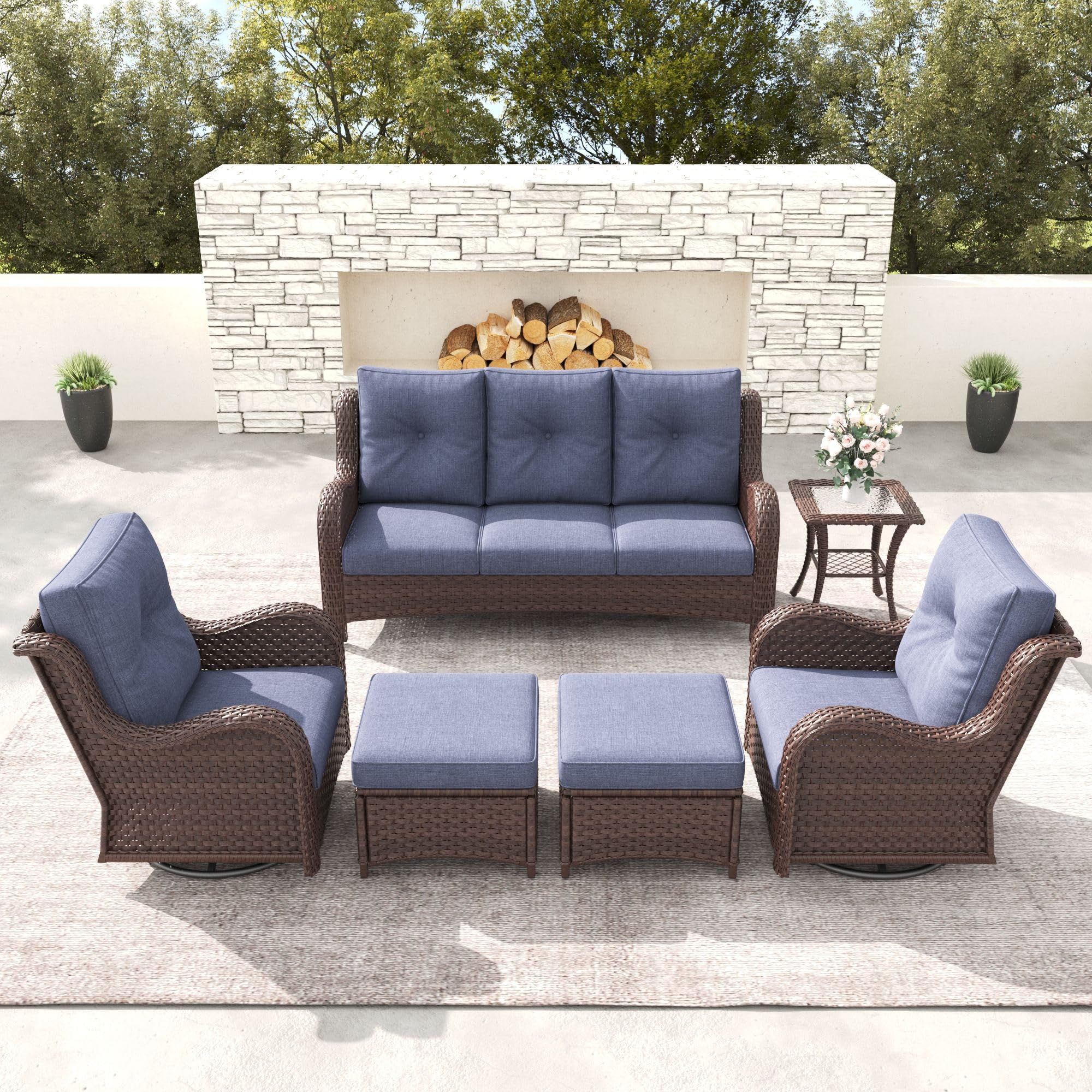 Outdoor Furniture Set, 6 Pieces Rattan Wicker Swivel Chair Coversation Set with Ottomans