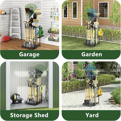 Heavy-Duty Tool Organizer Rack - Spacious Storage for Long-Handled Gardening Tools, Hooks, and Accessories - Durable Metal Construction, Sturdy, Black, Ideal for Garage and Utility Storage