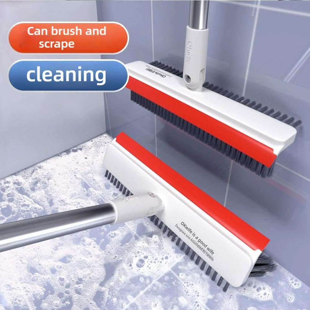 Three Sided Floor Brush,Floor Scrub Brush with Long Handle,3 in 1 Scrape and Double-Sided Stiff Bristle Scrub Brush,Rubber Broom Carpet Rake,Scrape & Heavy-Duty Stiff Bristle Scrubber Brush for Bath