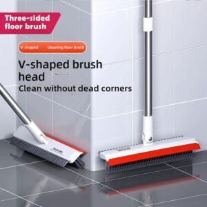 Three Sided Floor Brush,Floor Scrub Brush with Long Handle,3 in 1 Scrape and Double-Sided Stiff Bristle Scrub Brush,Rubber Broom Carpet Rake,Scrape & Heavy-Duty Stiff Bristle Scrubber Brush for Bath