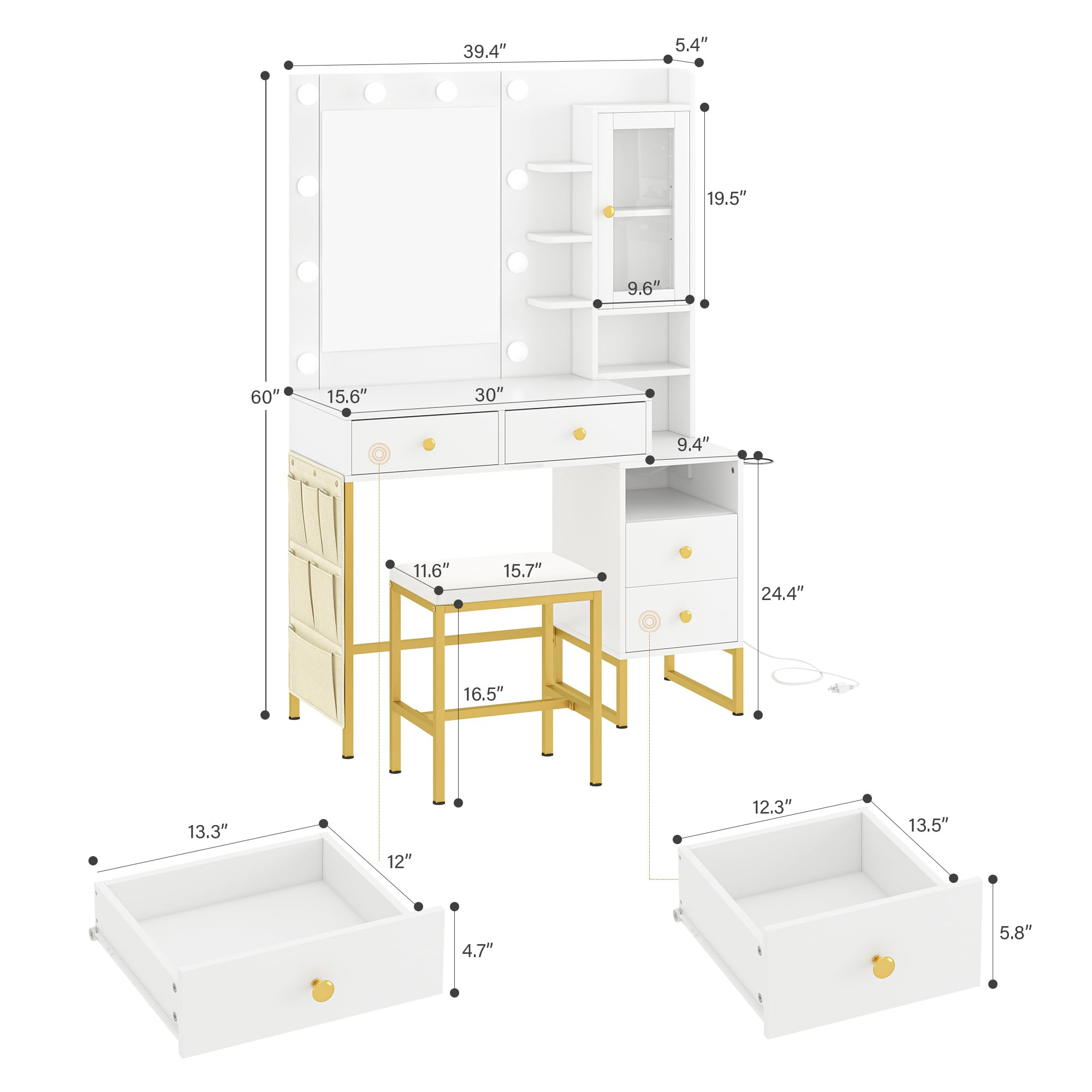 Esmlada Makeup Vanity Desk with Sliding LED Lighted Mirror, Large White Vanity Desk with Drawers, Charging Station, Shelves and Side Storage, 3 Model Adjustable Lights for Bedroom & Dressing Room