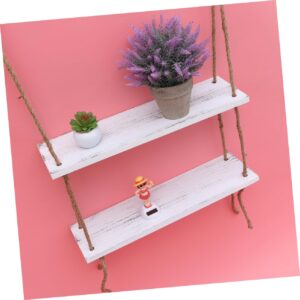 GOOHOCHY Wood Shelves Vintage Shelves Wall Hung Shelves Retro Bookshelf Swing Rope Floating Shelves Rustic Swing Mounted Bookshelf for Hanging Shelves for Wall White